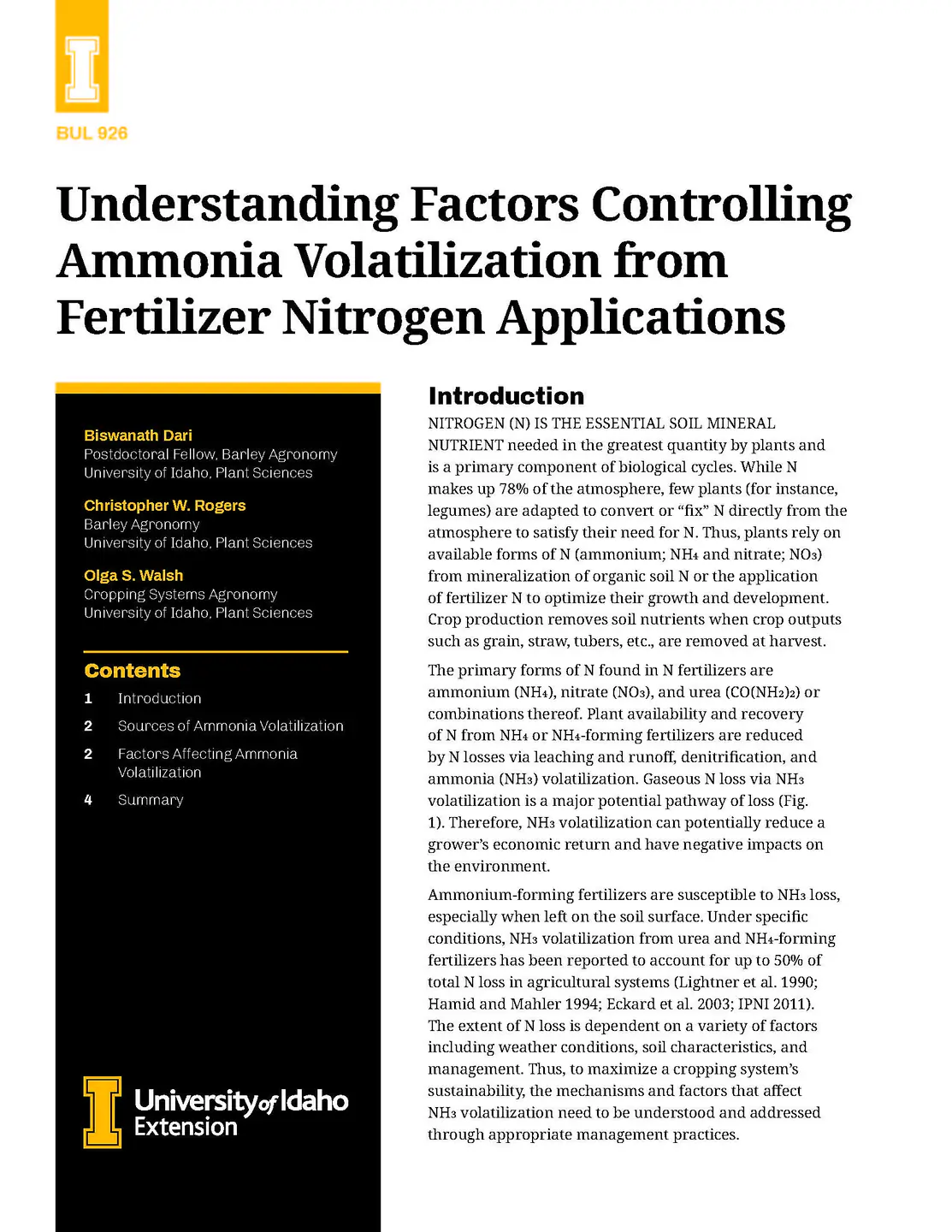 Understanding Factors Controlling Ammonia Volatilization from ...